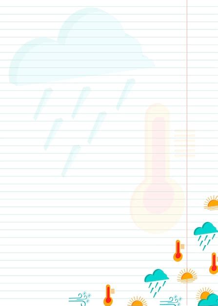 Hoja de escritura con iconos climáticos de colores con espacio para el