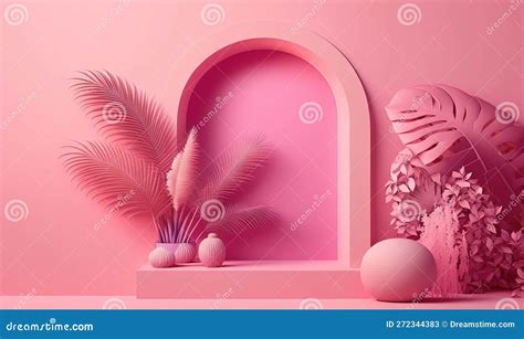 A Pink Room With A Plant And A Vase On A Shelf Stock Illustration