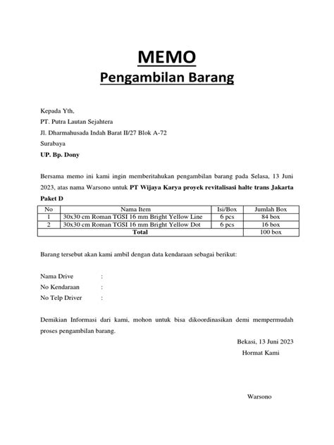 Memo Pengambilan Barang Pdf