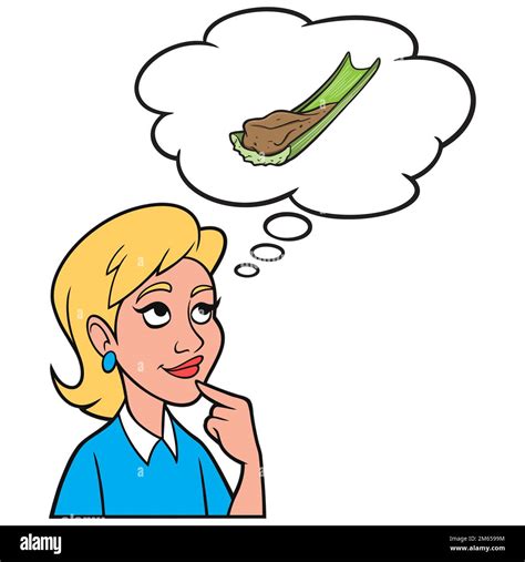 Girl Thinking About Peanut Butter And Celery A Cartoon Illustration