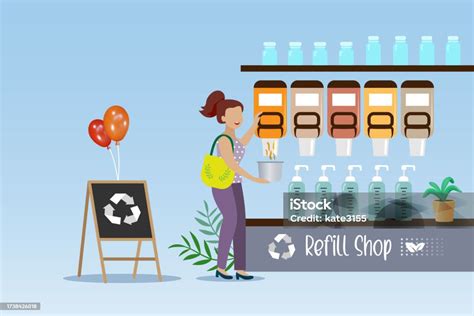 리필 가게 지속 가능한 제로 웨이스트 식료품점 여성 셀프 리필 시리얼과 곡물 재사용 가능한 용기에 담긴 벌크 디스펜서 벡터 제로