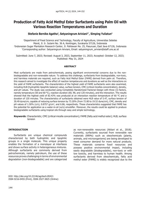 Pdf Production Of Fatty Acid Methyl Ester Surfactants Using Palm Oil With Various Reaction