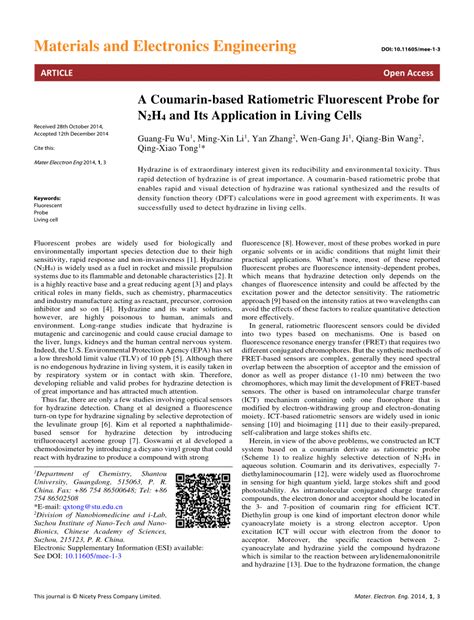 Pdf A Coumarin Based Ratiometric Fluorescent Probe For N2h4 And Its Application In Living Cells