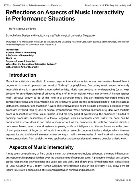 Pdf Reflections On Aspects Of Music Interactivity In Performance Situations