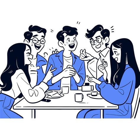 un grupo de amigos riendo y compartiendo cuentos a un café comercio
