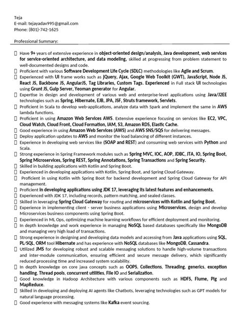 Teja Resume Sr Java Full Stack Developer Pdf Spring Framework Web Service