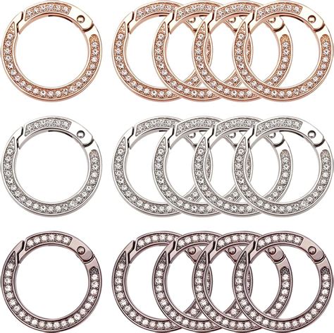 Webeedy 15 Pcs Rhinestone Spring O Rings Round Carabiner