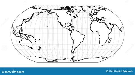 World Map In Robinson Projection With Meridians And Parallels Grid White Land With Black