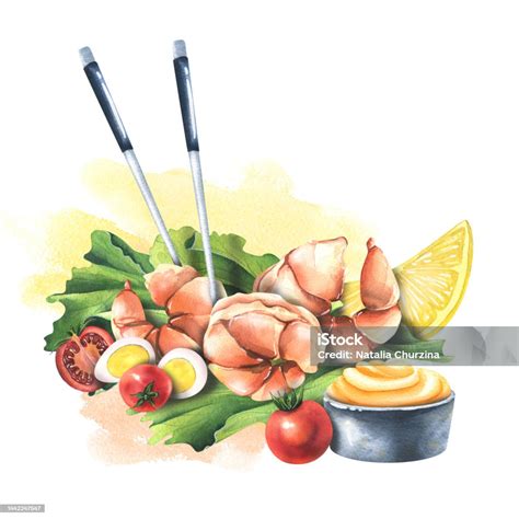 양상추 잎 메추라기 알 체리 토마토 레몬 소스 및 젓가락을 곁들인 새우 수채화 그림입니다 Shrimp 컬렉션의 구성 메뉴