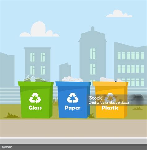 폐기물이있는 용기 쓰레기 재활용 및 분류 배경에 도시 풍경입니다 파란색 녹색 노란색 쓰레기통에는 재활용 기호가 있습니다 유리 종이 및 플라스틱 용기 벡터 그림입니다 0명에