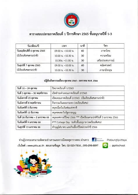 ตารางสอบปลายภาคเรียนที่ ๑ ปีการศึกษา Prataungtipvittaya