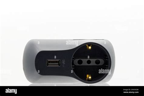 Black Power Adapter With Usb Socket Isolated On White Background Stock