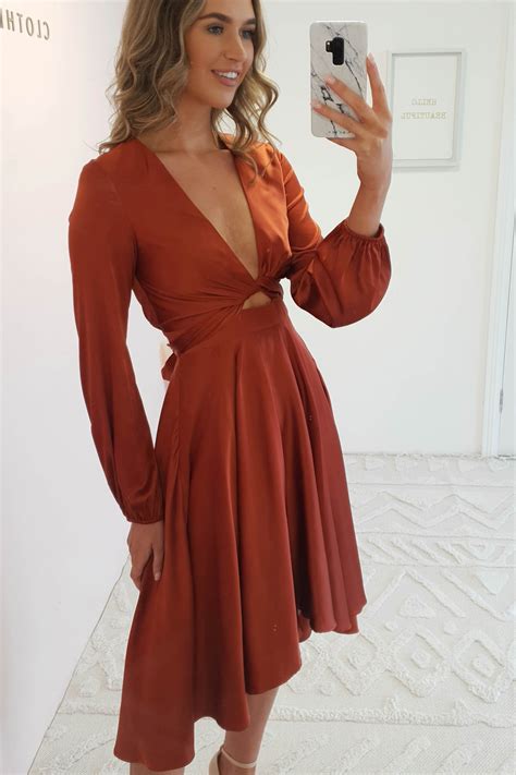 Nicola Satin Tie Front Midi Dress Rust