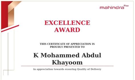 Mohammed Abdul Khayoom K On Linkedin Firstawardfrommahindra