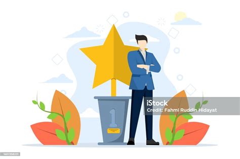 보상 충성도 경력 성공 리더십을 얻는 개념 한 남자가 서서 수상한 스타 상을 들고 있습니다 보상 프로그램 및 이달의 직원 Ui