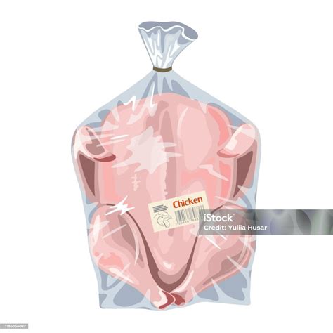 전체 생 닭은 투명 한 비닐 봉지에 신선한 가금류 고기는 일회용 포장에 냉동된에 대한 스톡 벡터 아트 및 기타 이미지 냉동된