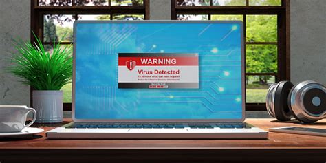 노트북 바이러스 감지 나무 책상 집에서에 스크린 아름 다운 흐린된 자연 배경입니다 3 차원 일러스트 레이 션 개념에 대한 스톡 사진 및 기타 이미지 Istock