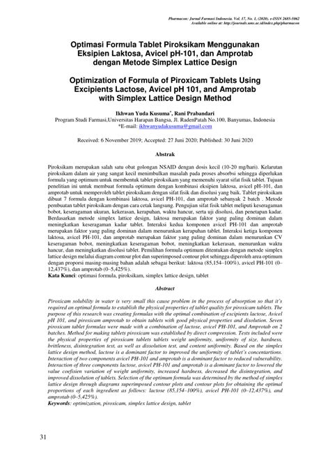 Pdf Optimasi Formula Tablet Piroksikam Menggunakan Eksipien Laktosa Avicel Ph 101 Dan