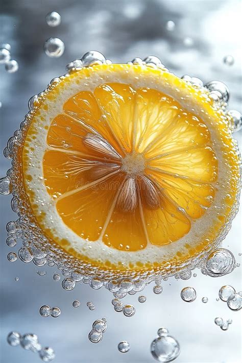 Close-up Photo of Lemon Slice in Water. Bubbles Surround Lemon Slice. Fresh Yellow Fruit Slice ...