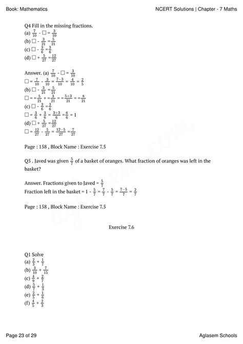 NCERT Solutions Class Maths Chapter Fractions Question Answer PDF AglaSem