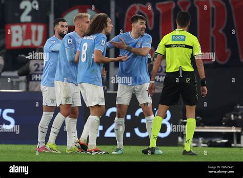 Rome Italy 01 03 2024 Lazio Players Protest With Referee Di Bello During Italian Serie A Tim