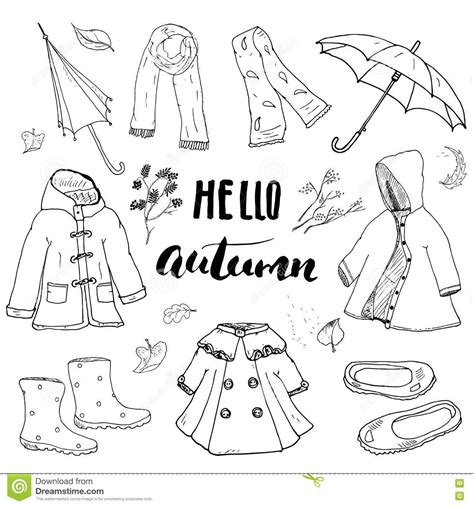 Установленные одежды сезона осени Doodles и иллюстрация вектора