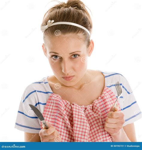 Hungry Woman With Knife And Fork Stock Image Image Of Blond Fork