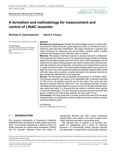 Pdf A Formalism And Methodology For Measurement And Control Of Linac Isocenter