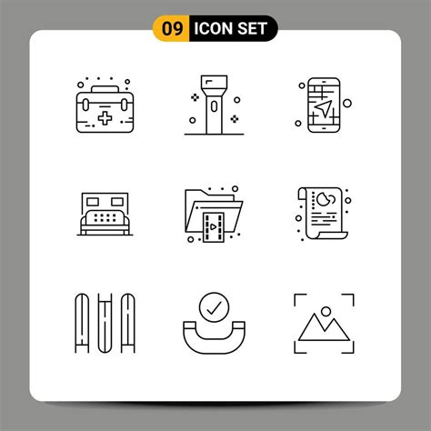 User Interface Pack Of 9 Basic Outlines Of Bedroom Hotel Products Travel Map Editable Vector