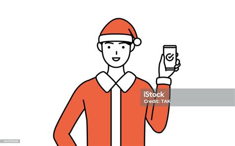 직장에서 스마트폰을 사용하여 산타클로스 옷을 입은 남자의 간단한 선 그리기 그림 12월에 대한 스톡 벡터 아트 및 기타 이미지 12월 겨울 계획 Istock