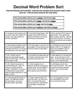 Decimal Word Problem Sort By Emily Baldwin TPT