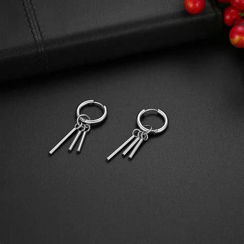 Contemporary Stainless Steel Triple Dangle Hoop Earrings Metallic