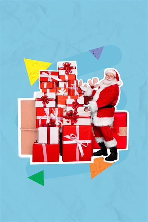 3d Retro Abstract Creative Artwork Template Collage Of Excited Santa Claus Packing Xmas Presents