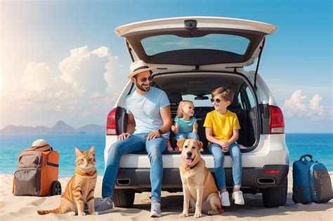 La Familia Va De Vacaciones Madre Padre Hijo Gato Y Perro Viajan Juntos Imagen Premium