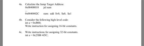 Solved 4a Calculate The Jump Target Address Ox00400018 Jal