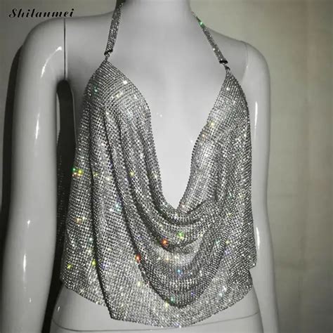 Halter Handmade Shiny Rhinestones Crop Top Backless Summer Beach Chic
