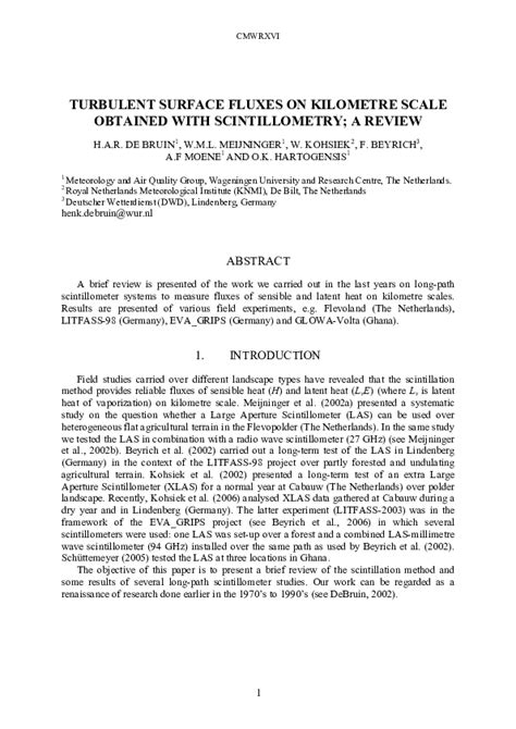 Pdf Turbulent Surface Fluxes On Kilometer Scale Obtained With Scintillometry A Review