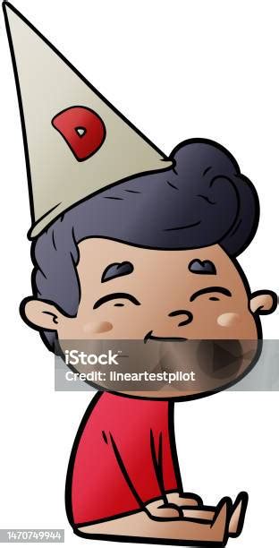 Happy Cartoon Man Sitting With Dunce Cap On Head Stock Illustration