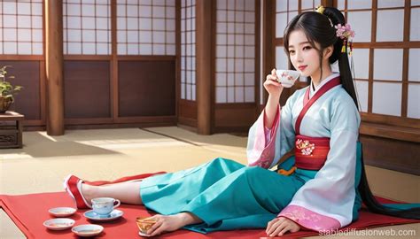 Korean Woman Savoring Tea In Hanbok Stable Diffusion Online
