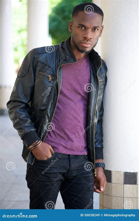 Cool African American Man In Black Leather Jacket Stock Image Image