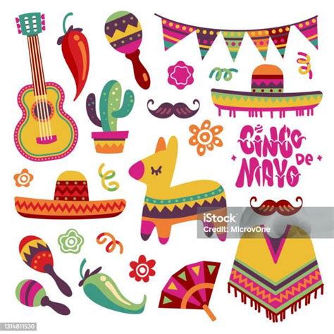 멕시코 축제 세트 Cinco De 마요네즈 파티 요소 솜브레로 피나타 칠리 페퍼 기타 벡터 컬렉션 피냐타에 대한 스톡 벡터 아트