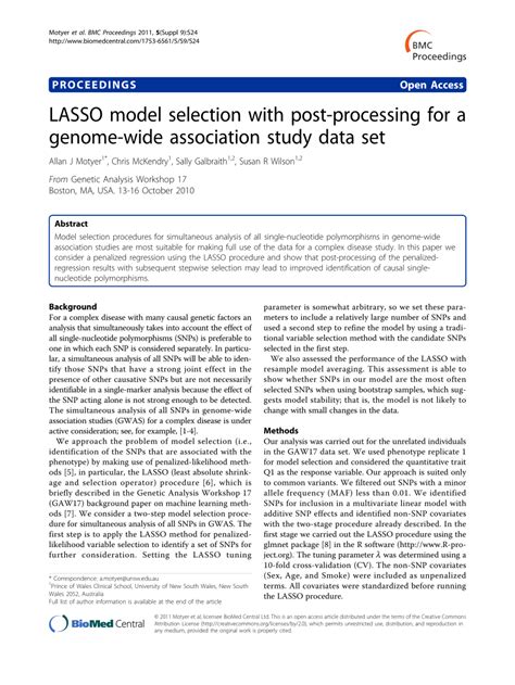 Pdf Lasso Model Selection With Post Processing For A Genome Wide