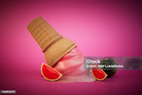 타락한 녹은 수박 아이스크림 수박 옆에 와플 컵에 떨어진 아이스크림 3d 렌더링 기계 아이스크림에 대한 스톡 사진 및 기타 이미지 기계 아이스크림 깨짐 냉동 요구르트