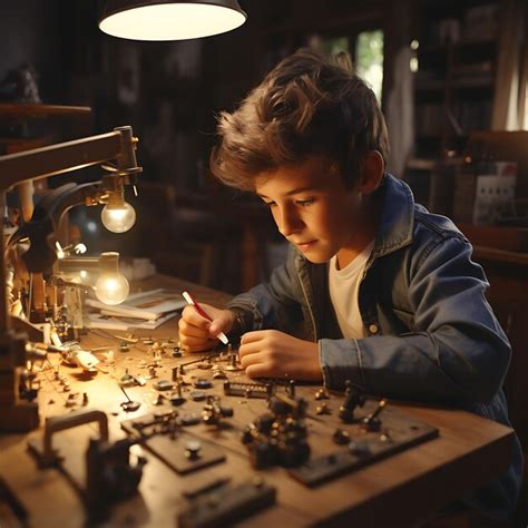 Premium Ai Image A Boy Tinkering With Recycled Tech Problemsolving