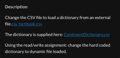 Solved Description Change The CSV File To Load A Dictionary Chegg