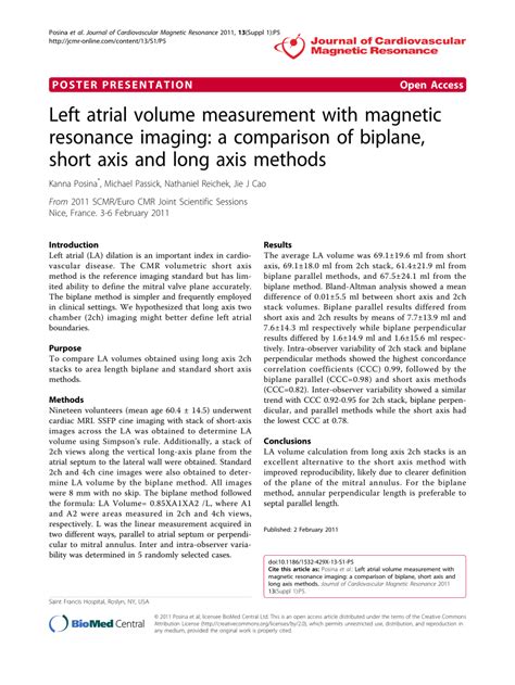 Pdf Left Atrial Volume Measurement With Magnetic Resonance Imaging A Comparison Of Biplane