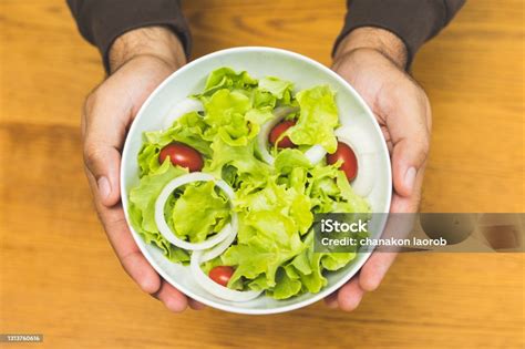 손 들고 그릇 샐러드 녹색 참나무와 토마토 아침 식사 다이어트 메뉴 아침에 신선한 샐러드 샐러드에 대한 스톡 사진 및 기타 이미지 Istock