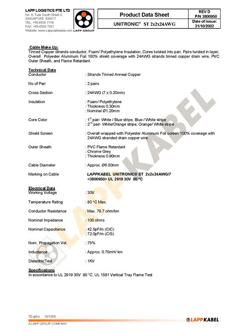 LAPP KABEL LAP 1419A 2 Pairs Multi Conductor Low Capacitance Computer