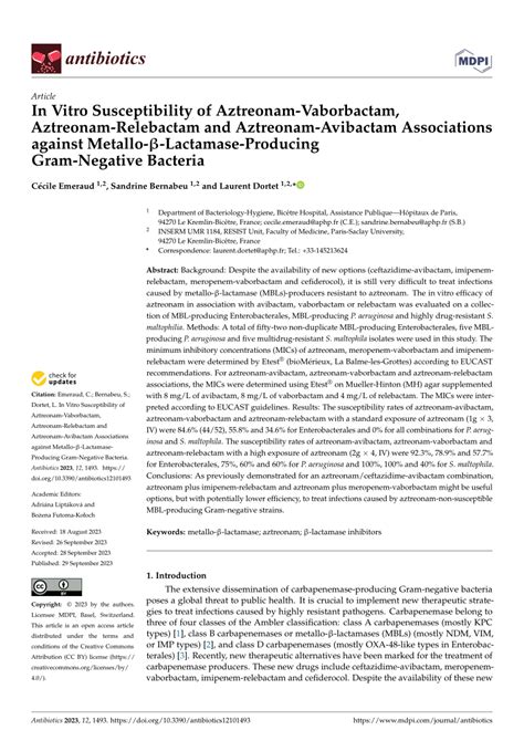 Pdf In Vitro Susceptibility Of Aztreonam Vaborbactam Aztreonam