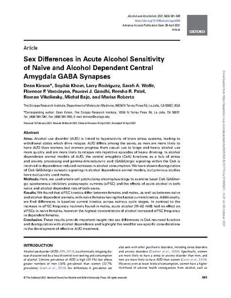 Sex Differences In Acute Alcohol Sensitivity Cea Gaba Synapses Study